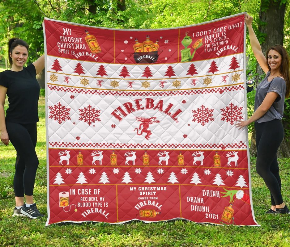 Fireball Cinnamon Whisky Grinch Christmas Blanket Quilt - Hot Sale 2025
